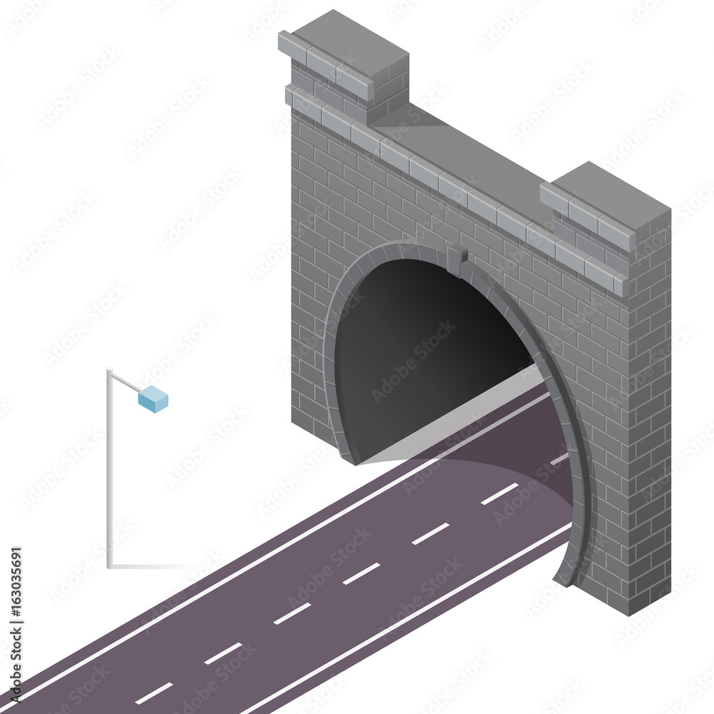 Vector low poly stone tunnel in isometric 3d perspective with asphalt ...