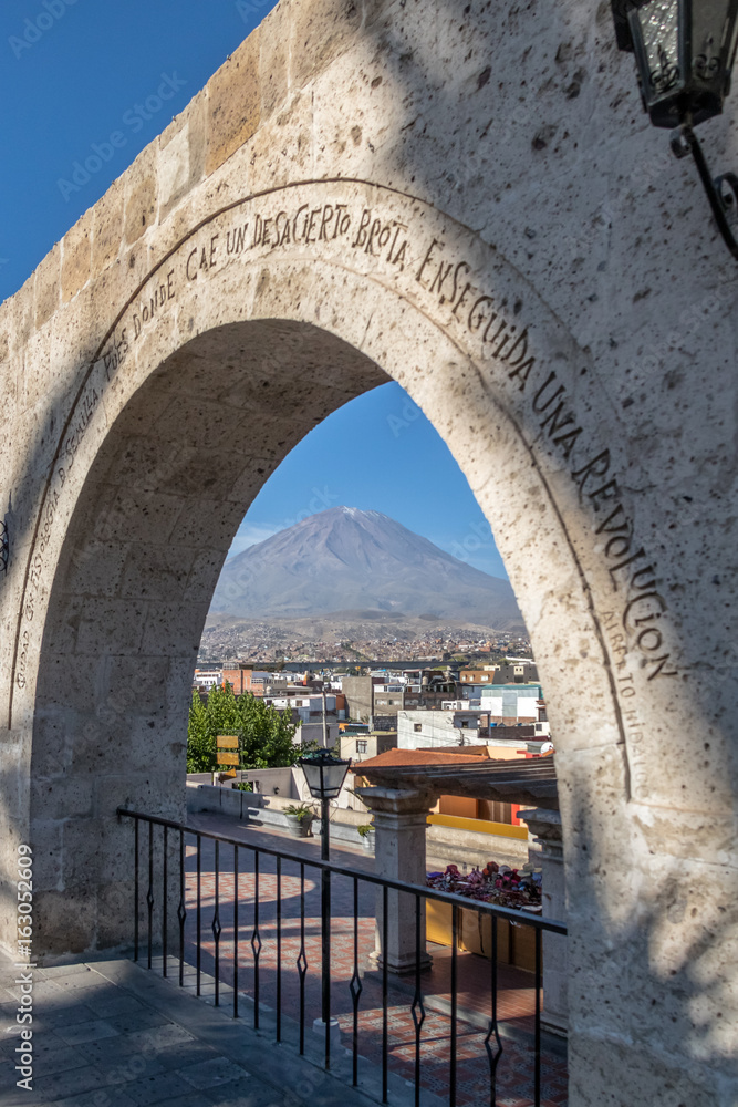 The Arches of Yanahuara Plaza and Misti Volcano on Background - written ...
