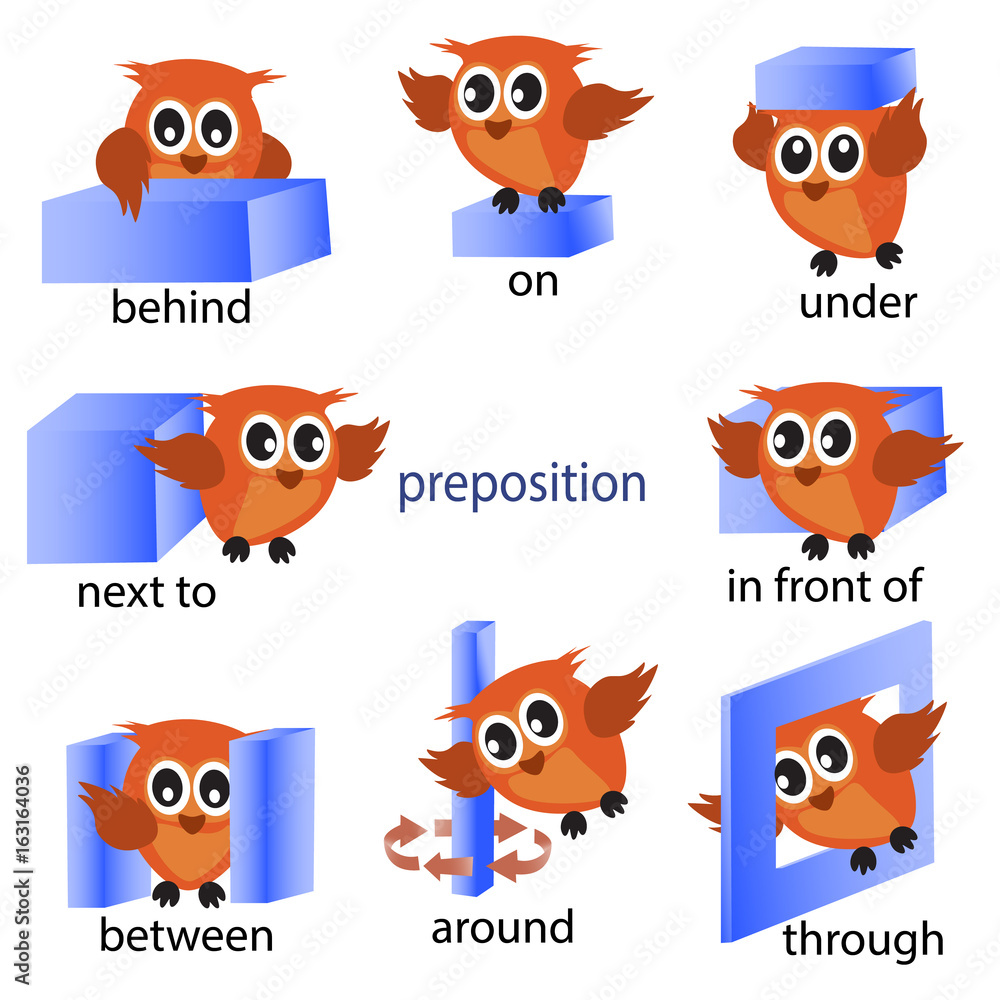 preposition english grammar with Owl motion for preschool. vector ...
