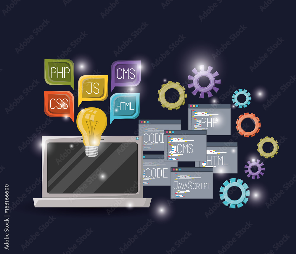 Image vectorielle Stock blue dark background with brightness of laptop device and gears ...