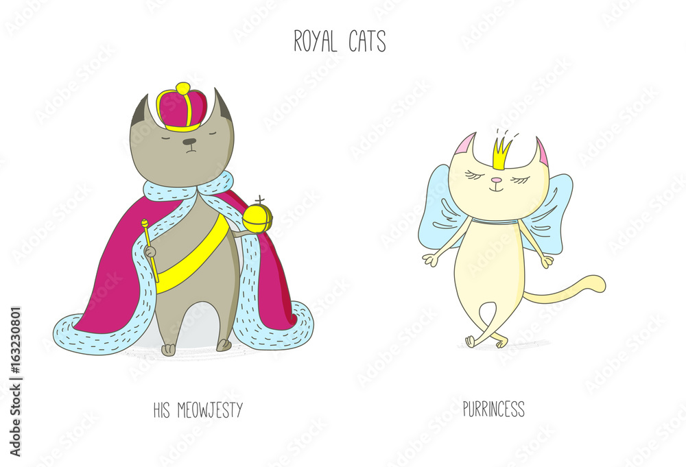 Hand drawn vector doodles of cute funny royal cats - king and princess ...