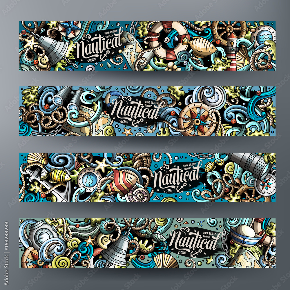 Cartoon vector nautical doodle banners Stock Vector | Adobe Stock