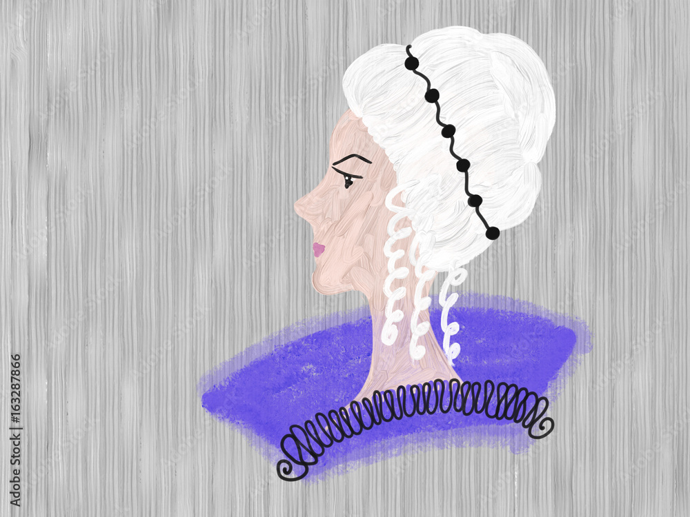 Colorful hand drawn portrait of duchess lady with crown on gray texture ...