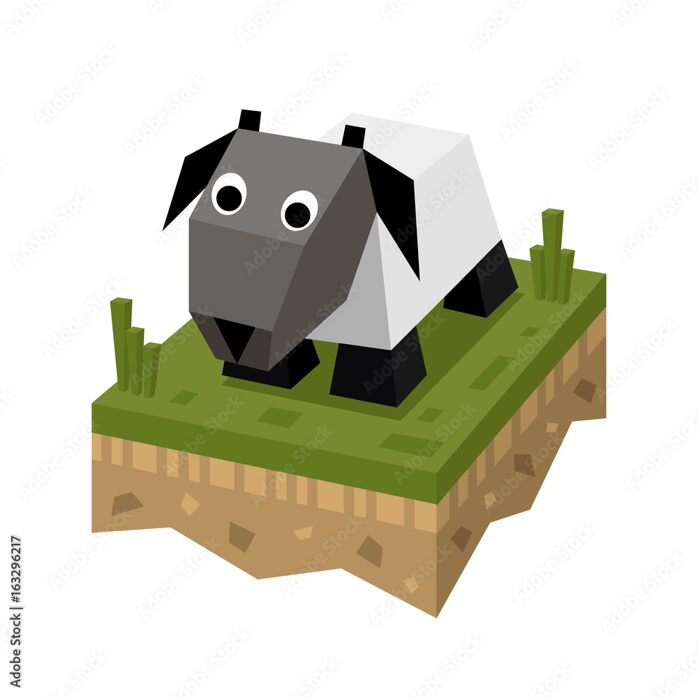 Isometric flat white sheep on the tile of ground with grass. Geometric ...