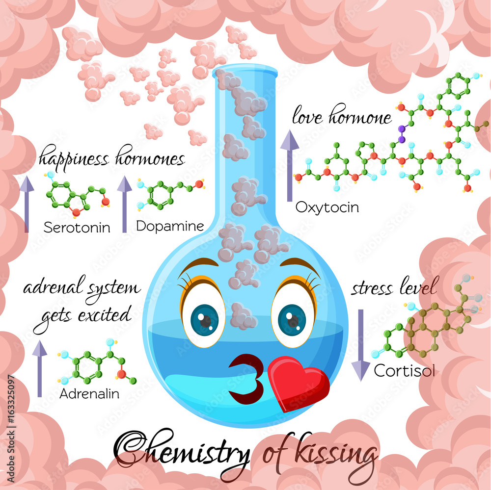 Chemistry of kissing cartoon style infographics, showing hormones that ...