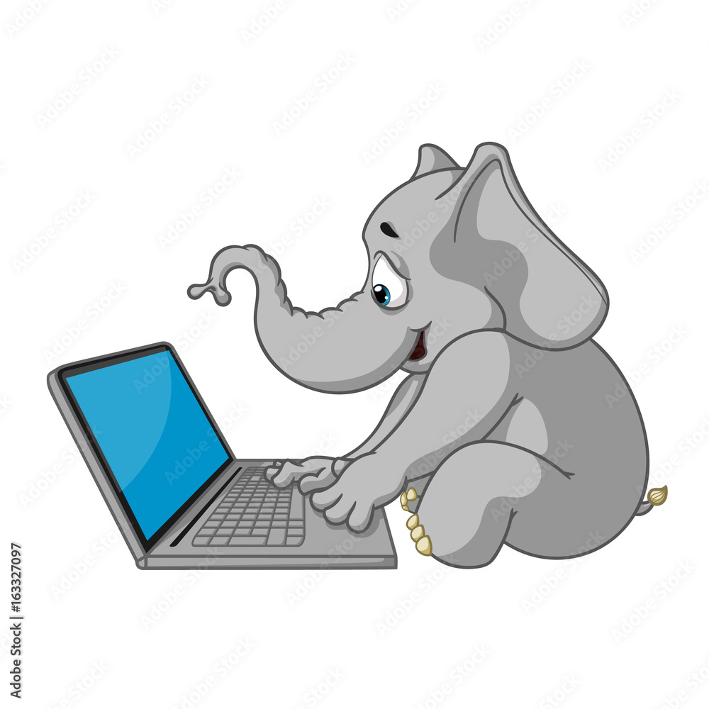 Elephant. Character. Sits at the computer. Work on the Internet ...