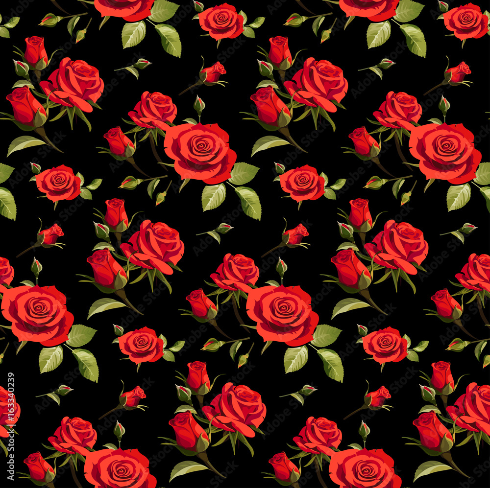 Seamless floral pattern with red roses on a black background の Stock ...