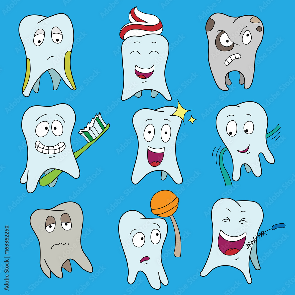 Teeth Collection Flat Vector Illustration. Set of cute tooth showing ...