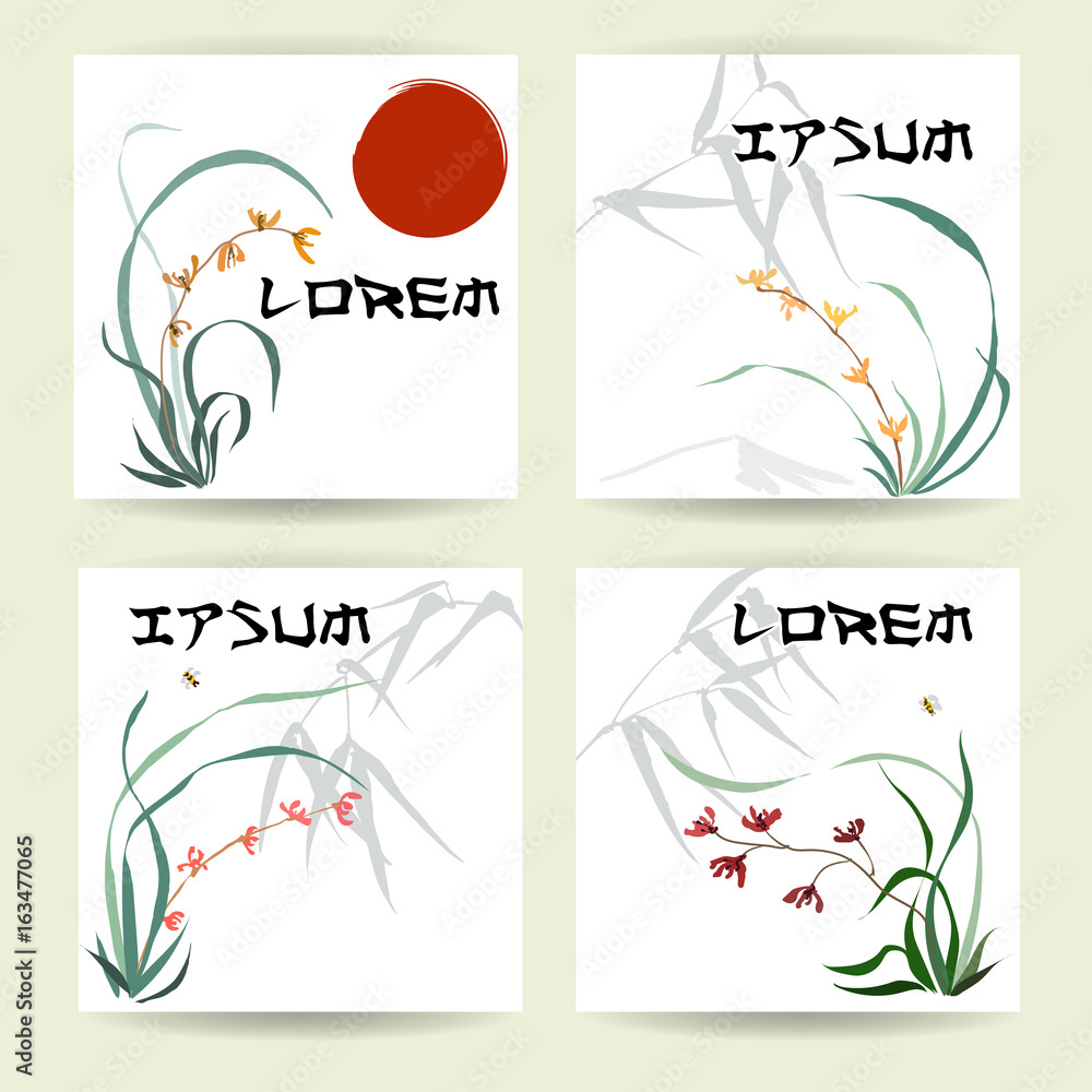 Four square cards. Hand-drawing ink illustration. Stock Vector | Adobe ...