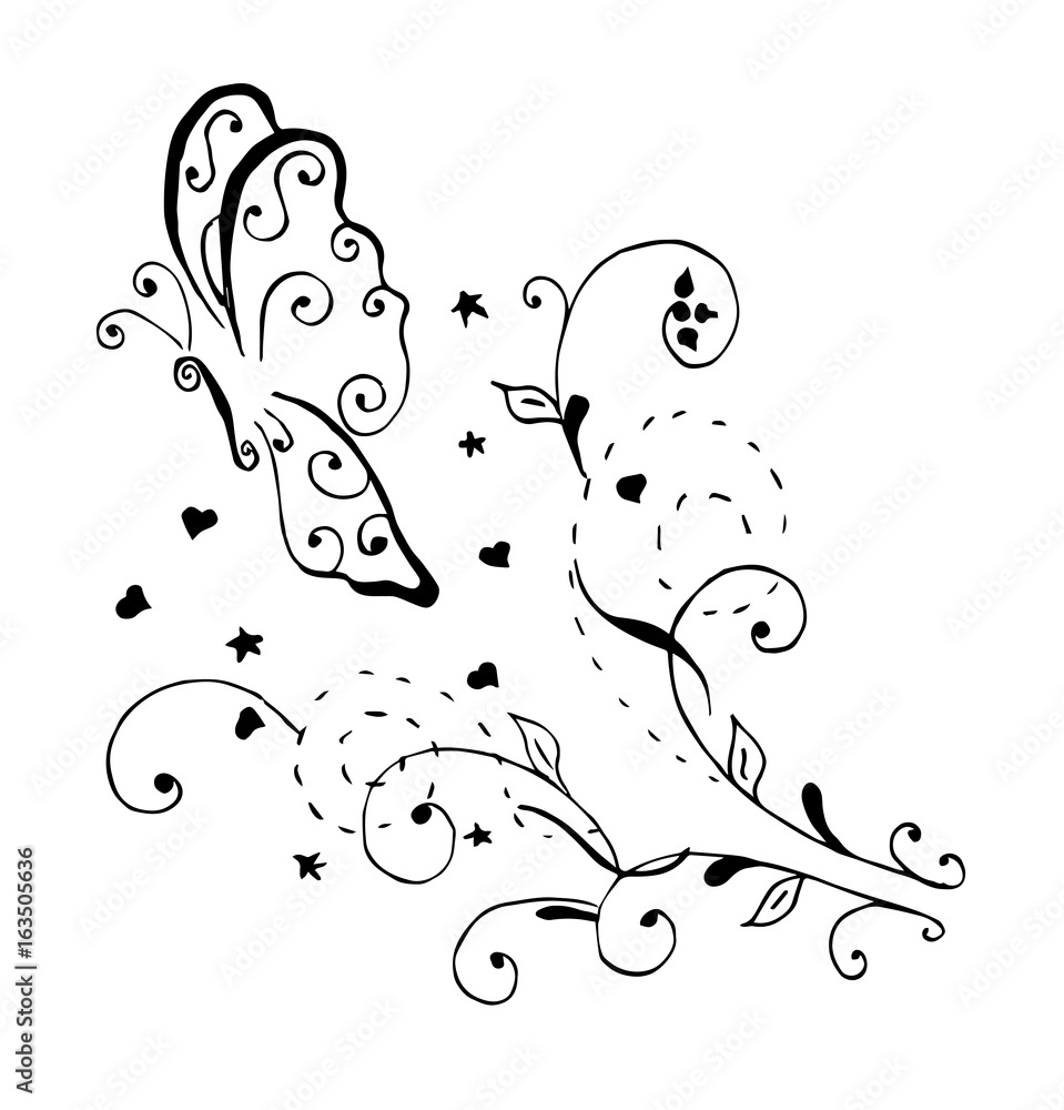 Zentangle style, swirl butterfly, vector, illustration, freehand pencil ...
