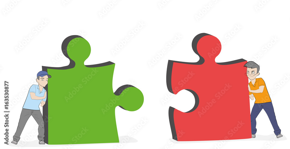 two people pushing puzzle pieces to assemble. teamwork. vector ...