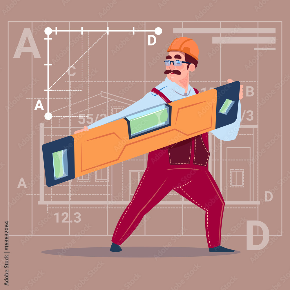 Cartoon Builder Holding Carpenter Level Wearing Uniform And Helmet ...