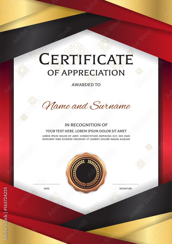 Vector de Stock Portrait luxury certificate template with elegant golden red border frame ...