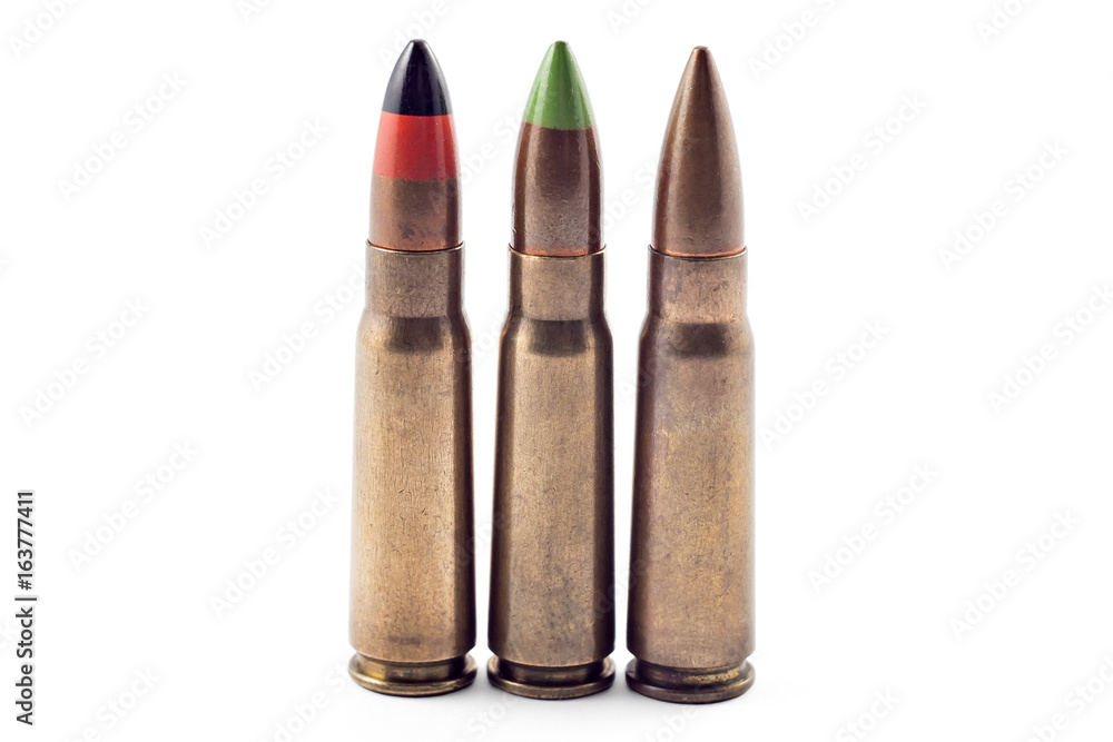 A selection of 7.62 bullets for kalashnikov, isolated on white. Bullets ...