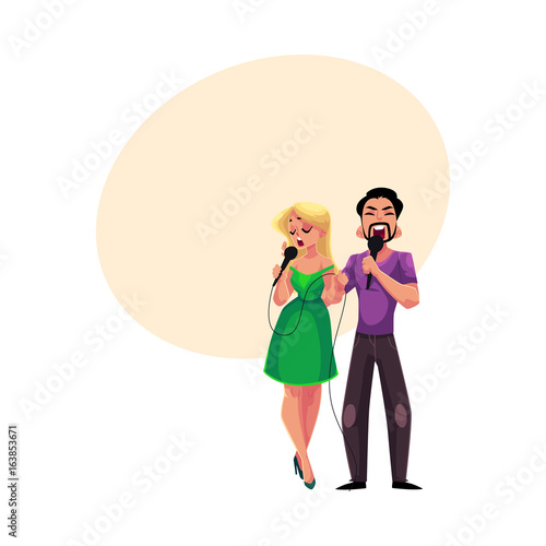 Man and woman singing duet into microphones, karaoke party, contest ...