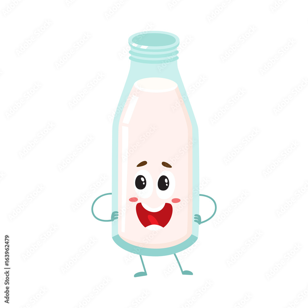 Funny full milk bottle character with smiling human face standing ...