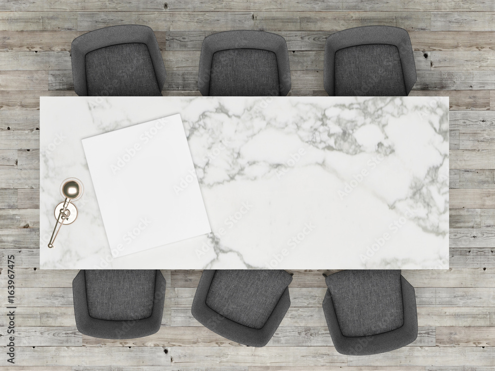 Top view office table with mock up poster, 3d illustration Stock ...