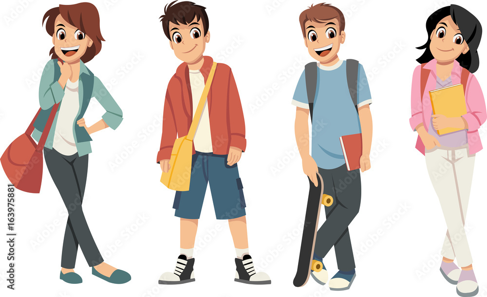 Cute cartoon children with books. Teenager students. Stock Vector ...