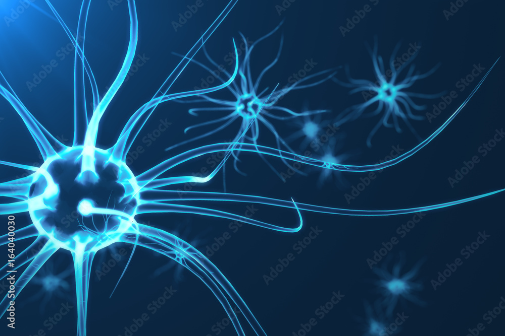 Conceptual illustration of neuron cells with glowing link knots ...