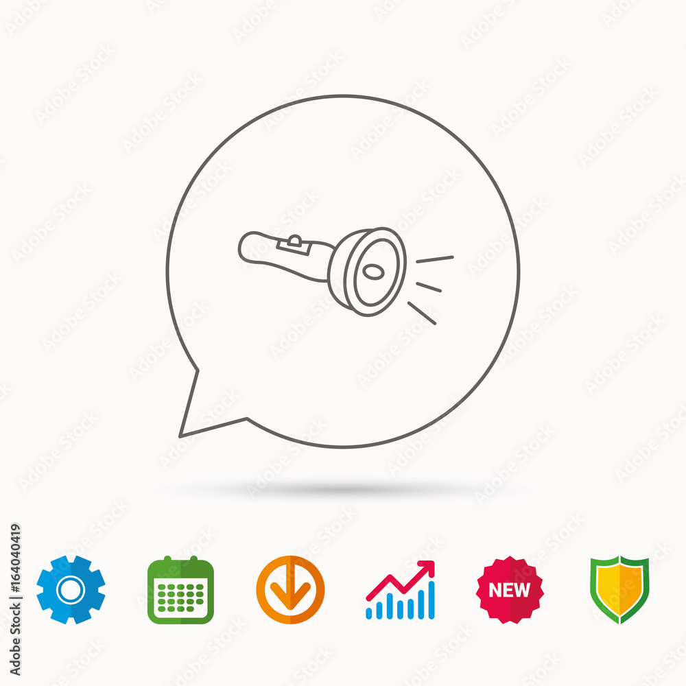 Flashlight icon. Light beam sign. Electric lamp tool symbol. Calendar ...