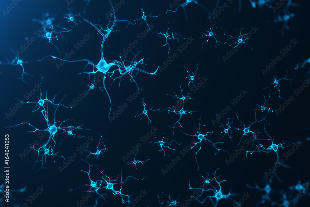 Conceptual illustration of neuron cells with glowing link knots ...