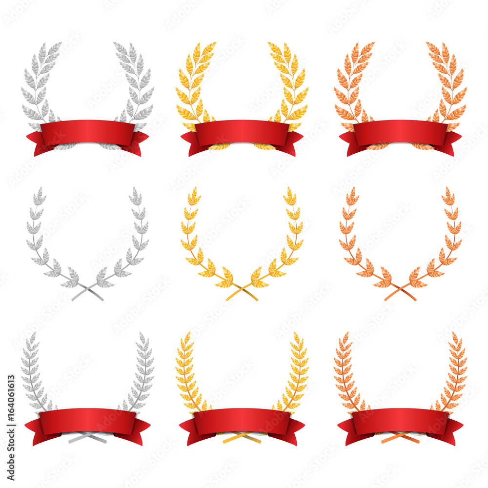 Laurel Wreath Trophy Set Vector. Award Placement Achievement. Realistic Gold Silver Bronze ...