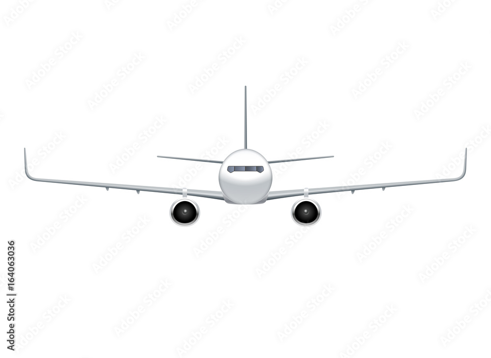 Flying airplane, jet aircraft, airliner. Front view of detailed ...