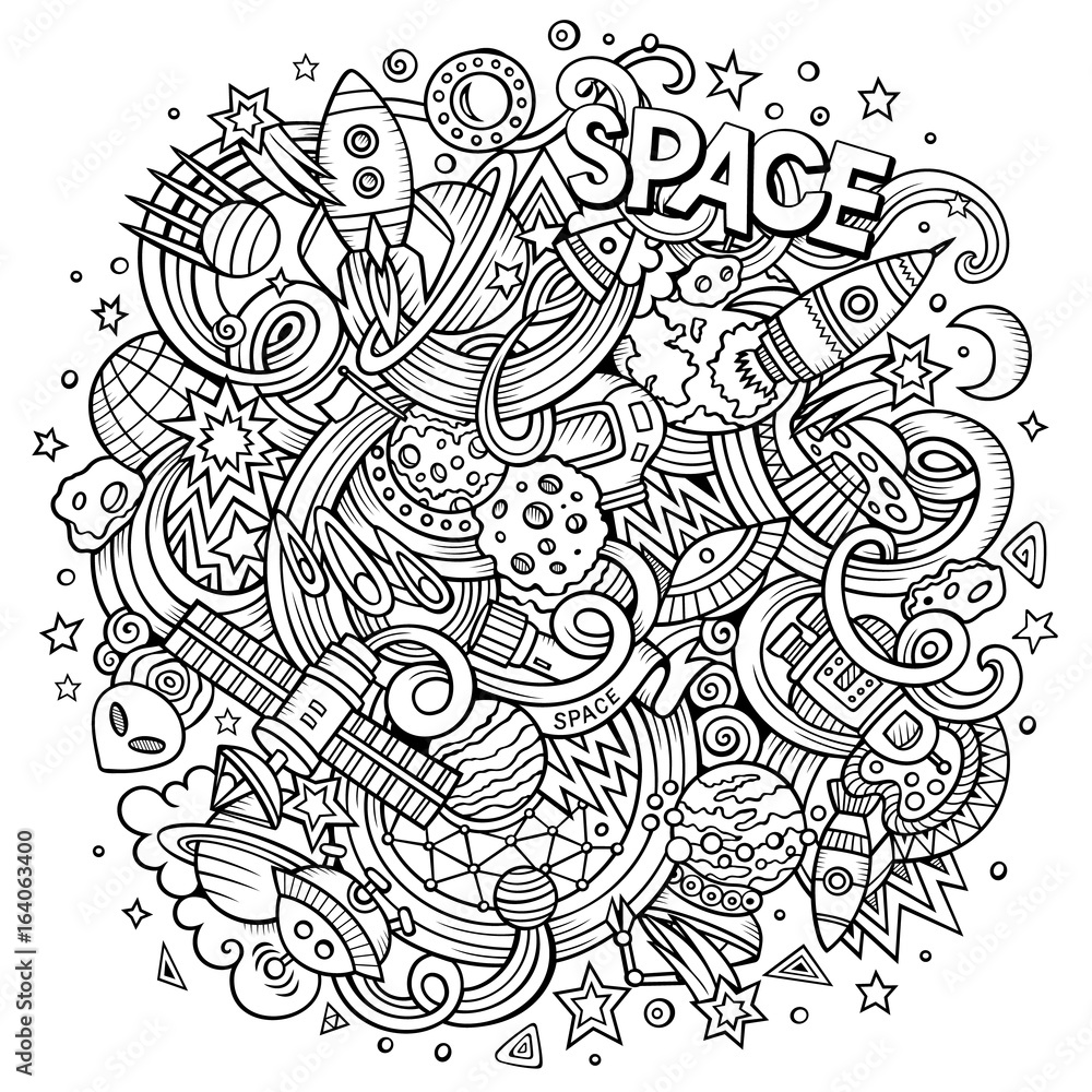 Cartoon hand-drawn doodles Space illustration Stock Vector | Adobe Stock