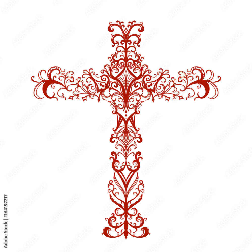 ornate red cross isolated on white background, symbol of Christian ...