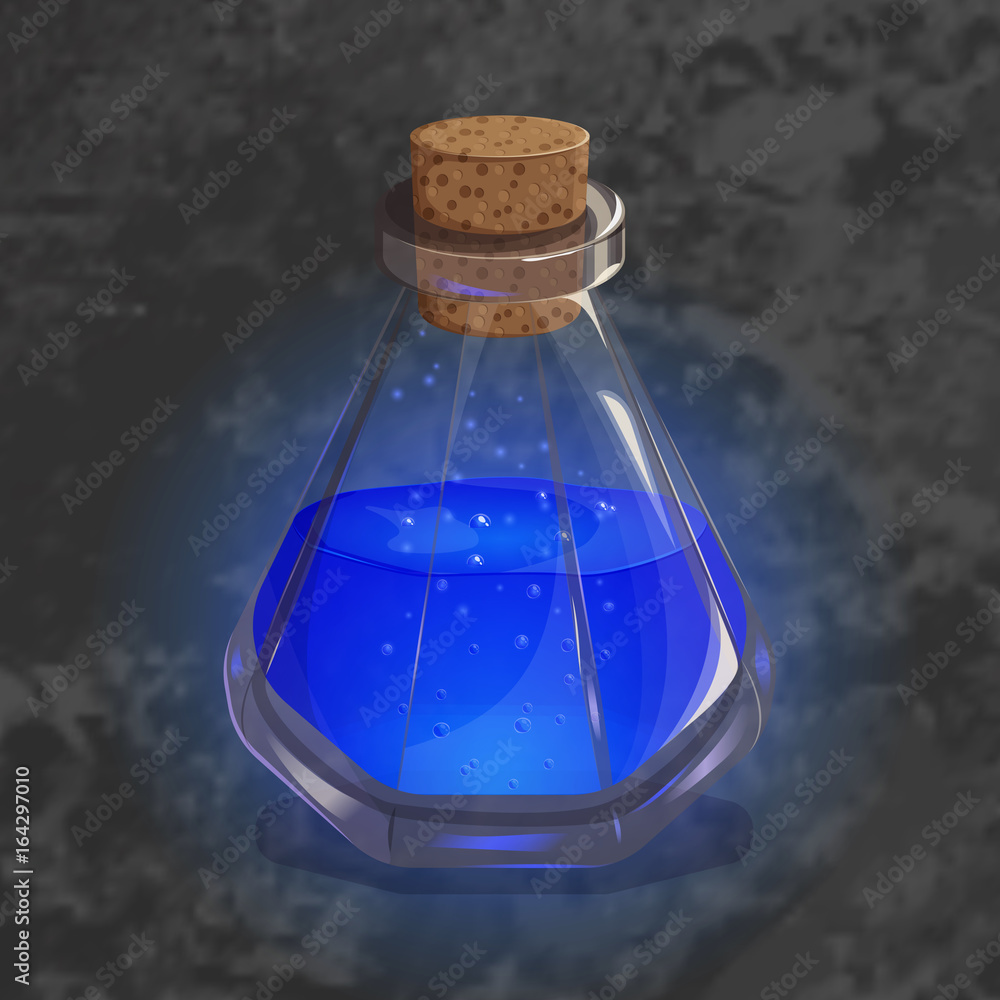 Bottle with orange potion. Game icon of magic elixir. Bright design for app user interface ...