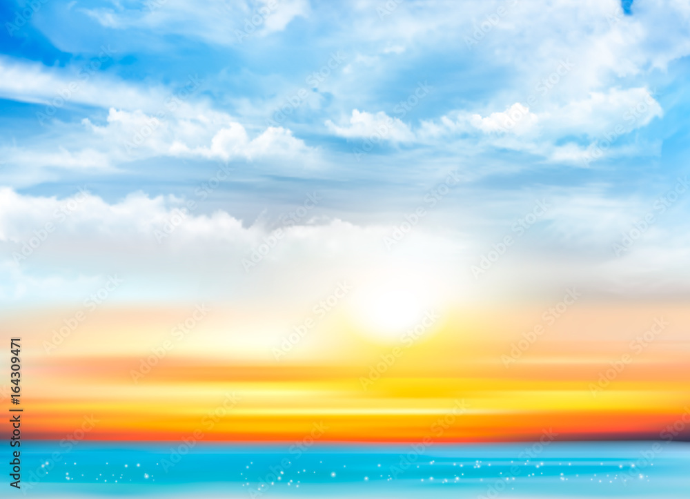 Sunset sky background with transparent clouds and sea. Vector ...