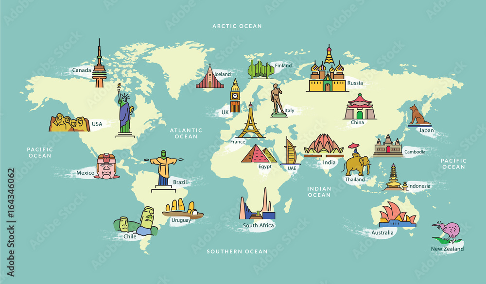 World Map with Landmark of Famous Country Symbol Stock Vector | Adobe Stock