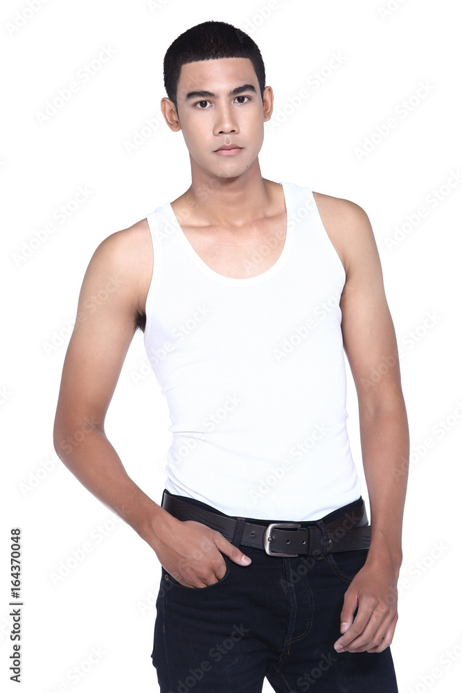 Tan Skin Asian skin head, handsom muscle good looking man in gray vest ...