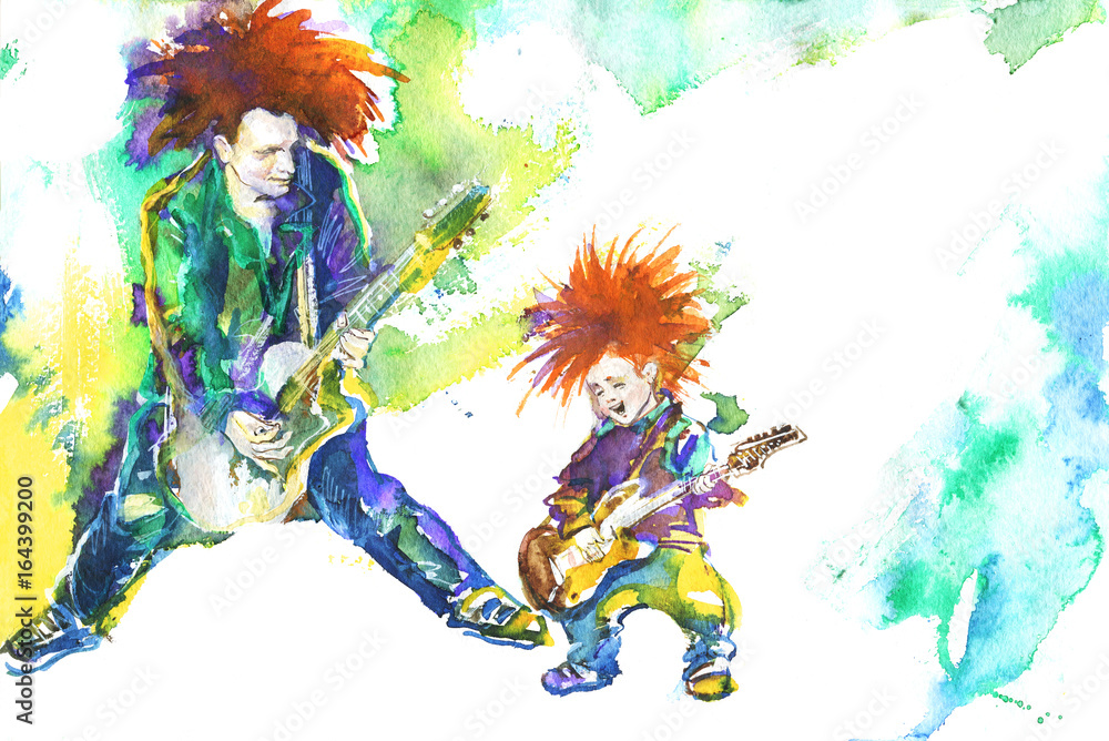 Watercolor punk father and little boy playing on guitar. Hand drawn ...
