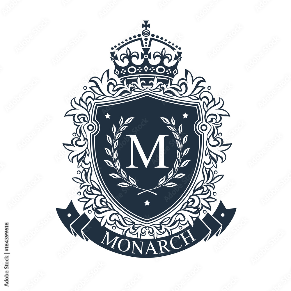 Coat of arms. Heraldic royal emblem shield with crown and laurel wreath ...