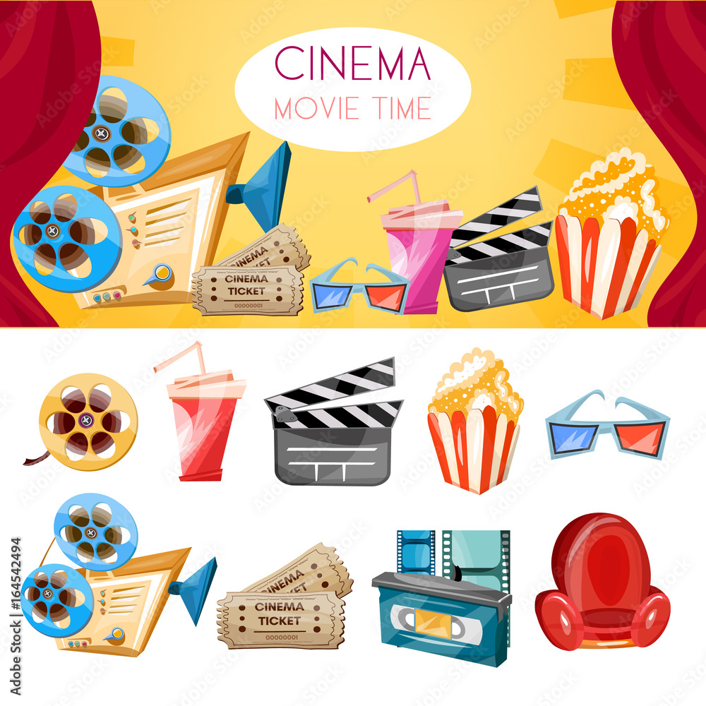 Cinema collection. Cinema movie elements cartoon cinema hand drawn icon ...