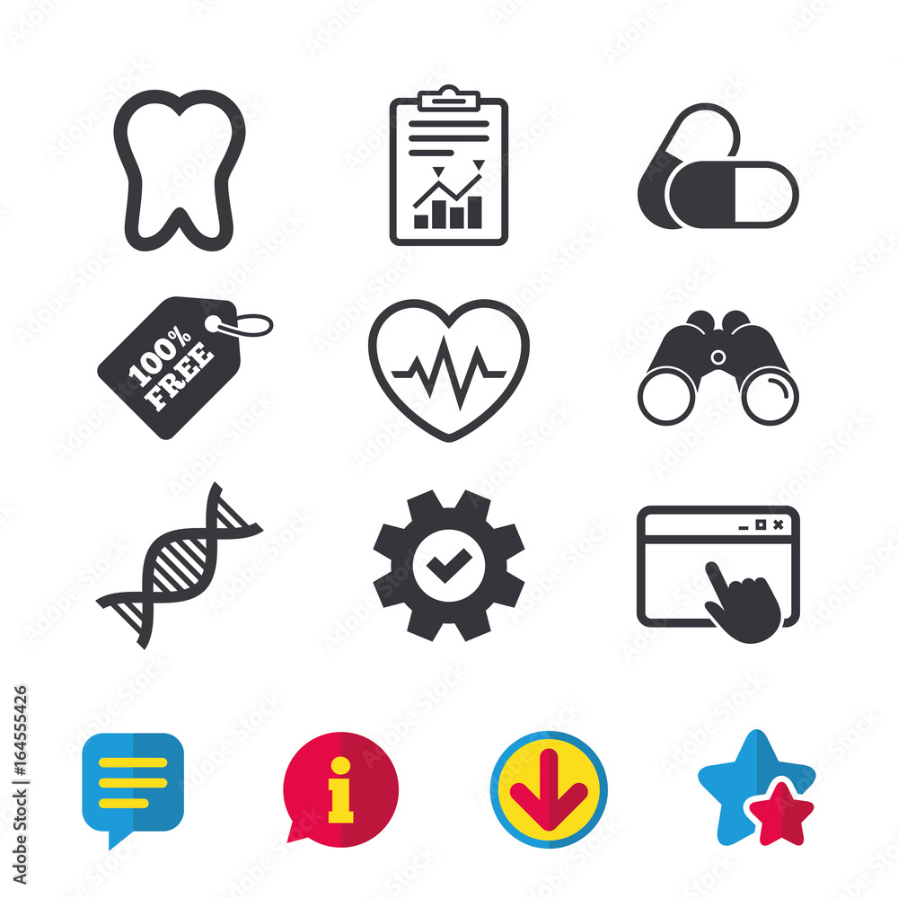 Maternity icons. Pills, tooth, DNA and heart cardiogram signs ...