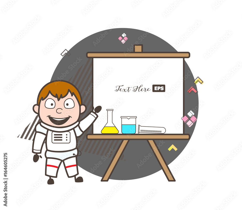 Cartoon Astronaut with Science Lab Equipments and Presentation Banner ...