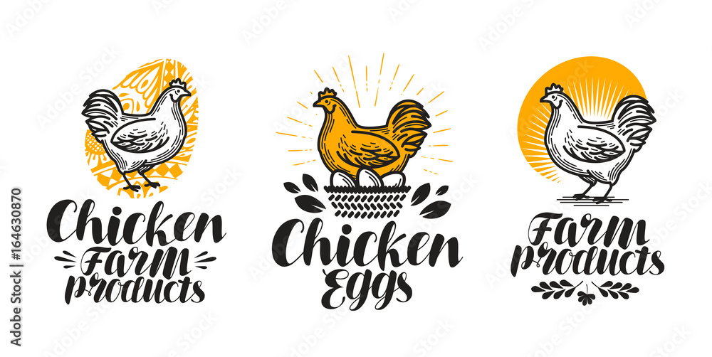 Chicken, hen label set. Poultry farm, egg, meat, broiler, pullet icon ...