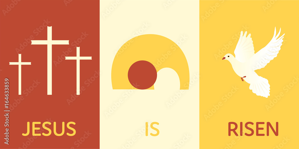 Jesus is Risen. Crosses, the empty grave with rolled stone and a peace ...