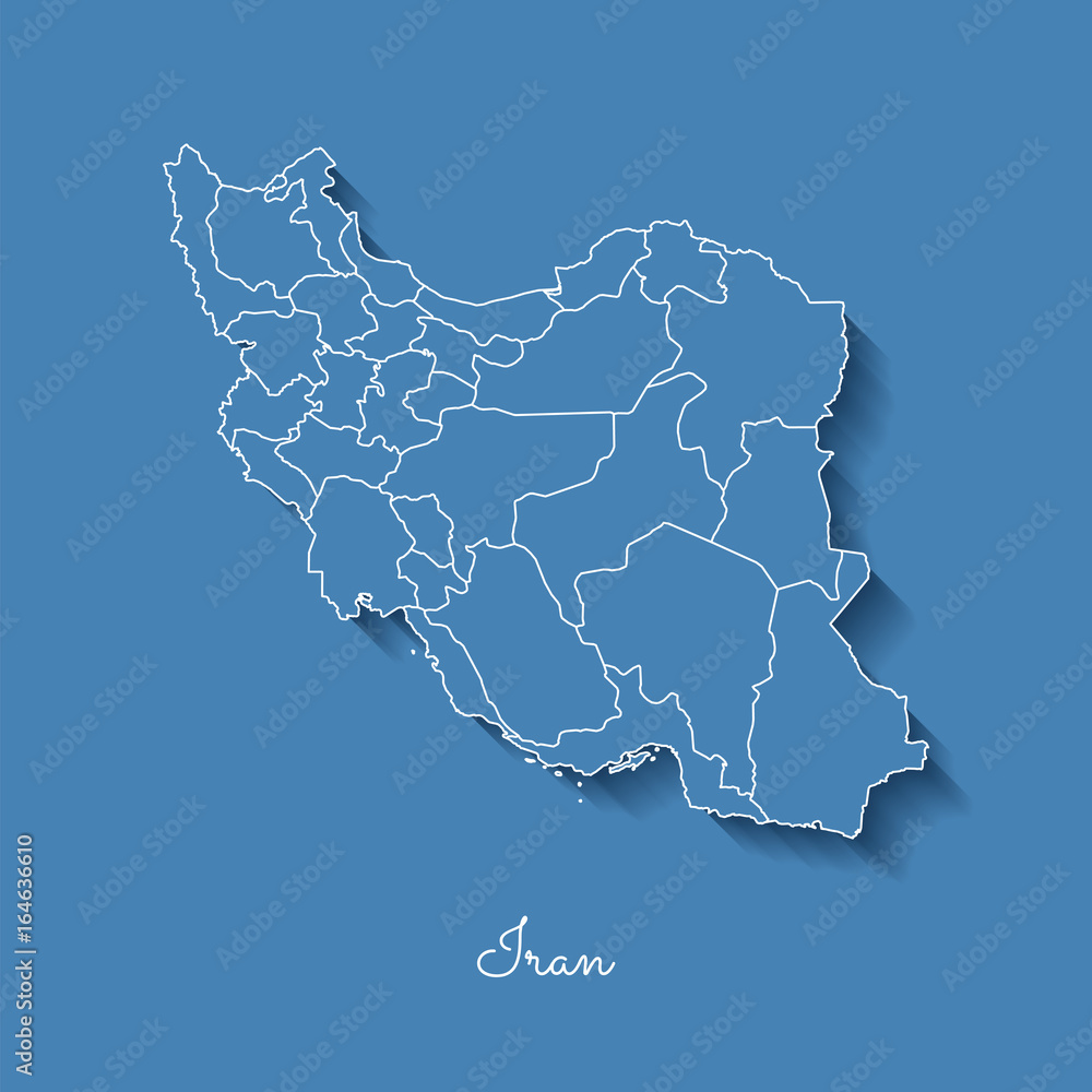 Iran region map: blue with white outline and shadow on blue background ...