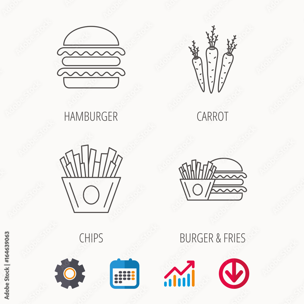 Hamburger, carrot and chips icons. Burger and chips fries linear signs ...