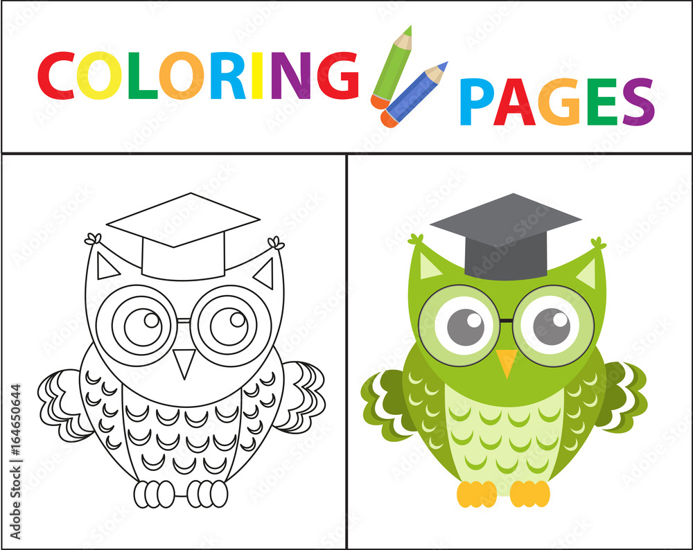 Coloring book page. Wise owl wearing glasses. Sketch outline and color ...