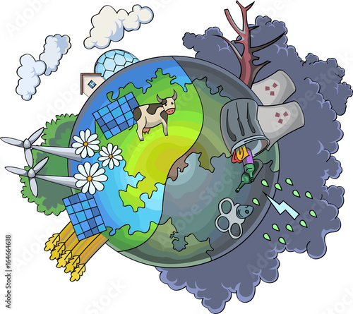 Ecology earth two sides clean and pollution. Bad ecology. Vector ...