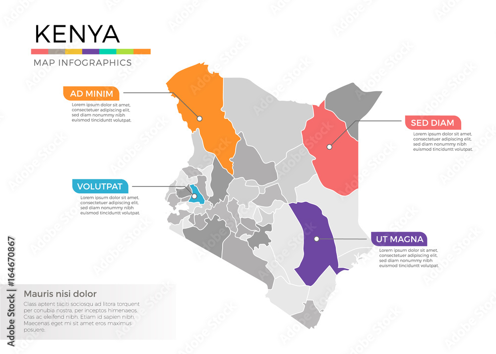 Kenya map infographics vector template with regions and pointer marks ...