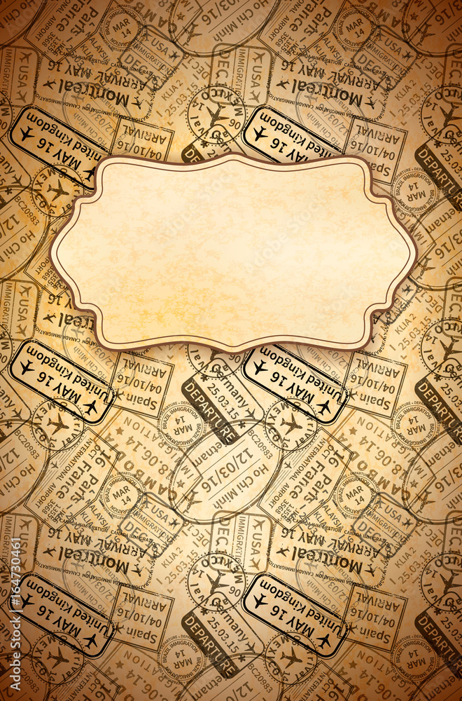 Black International travel visa rubber stamps imprints on old paper ...