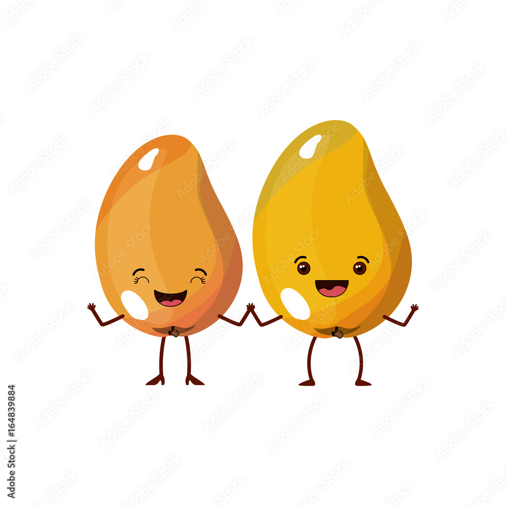 white background with realistic pair of mango fruits caricature vector ...