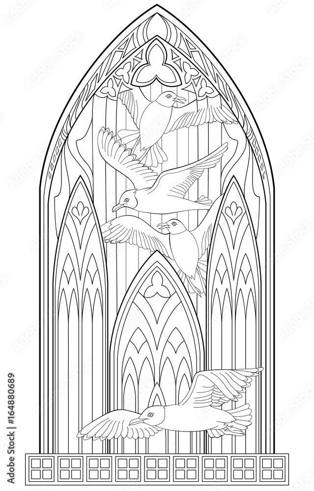 Page with black and white drawing of beautiful medieval Gothic window ...