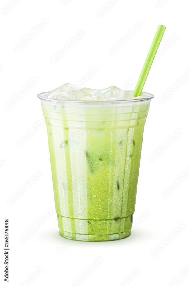 Iced Green Tea Latte with Matcha and Milk in Generic Cup with Straw on ...