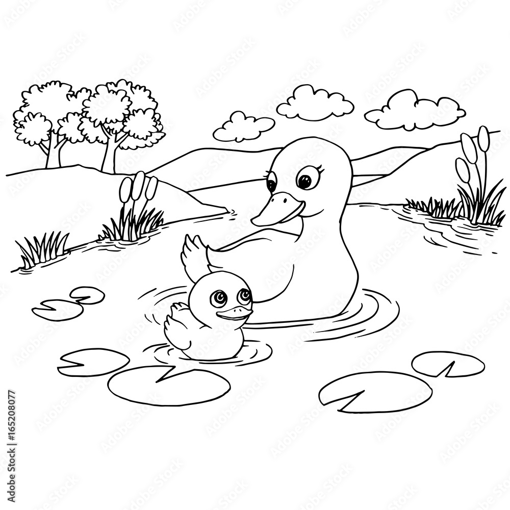 Cartoon duck lake coloring page vector Stock Vector | Adobe Stock